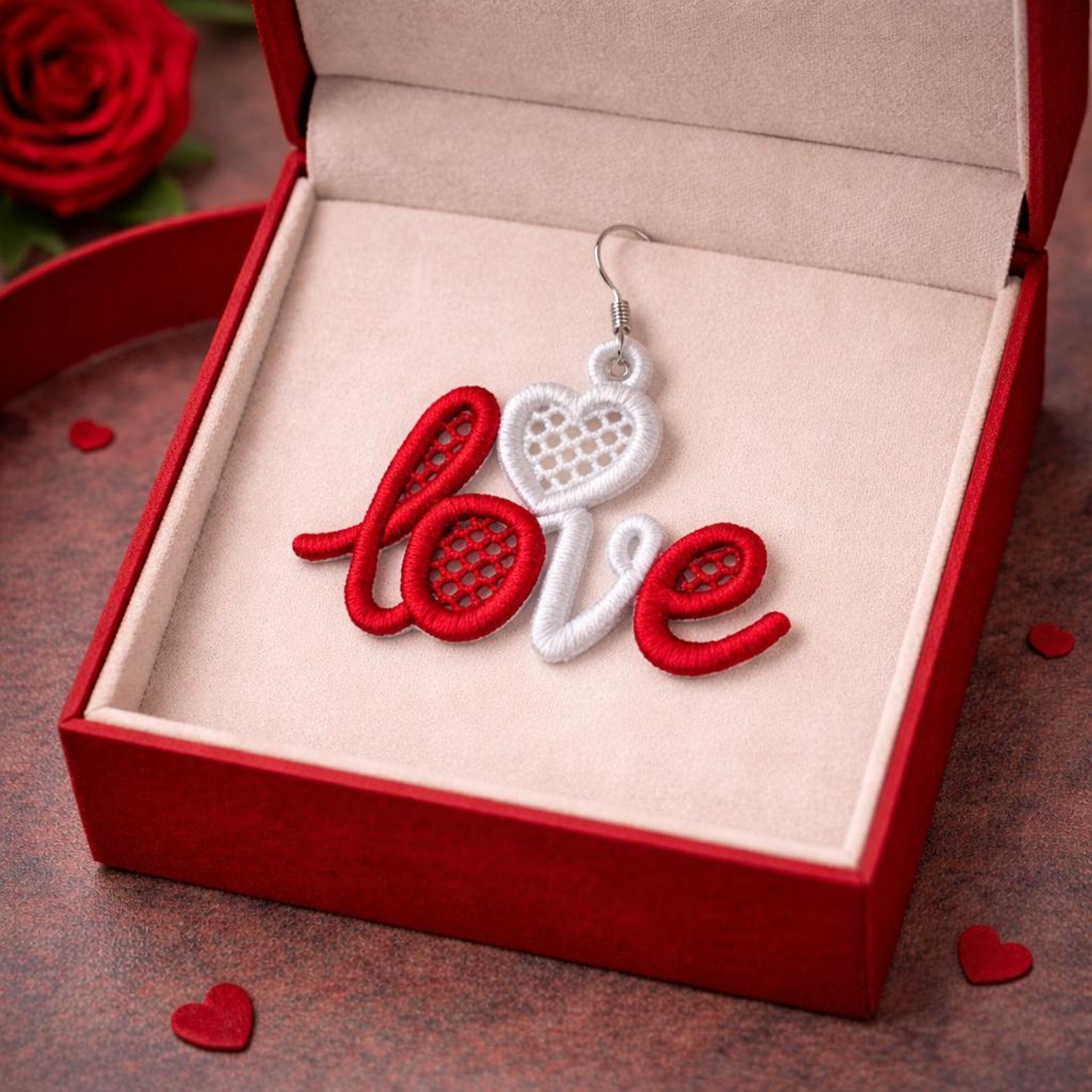 LOVE FSL Earrings, Valentine's Day Lace Earring, Machine Embroidery ...