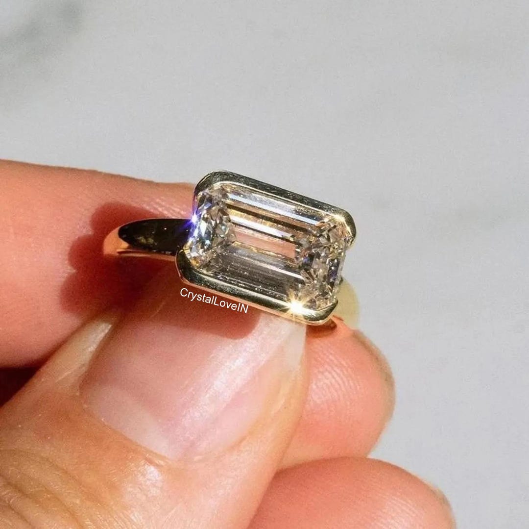 Vintage 2 CT Emerald Cut Bezel Set Ring Engagement Ring East-west Half ...