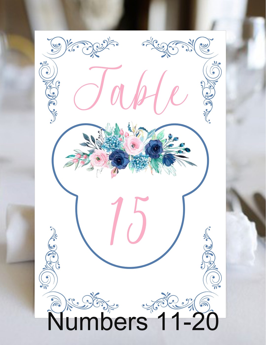 Blush Navy Floral Mickey Ears Wedding Table Number Printable Table ...