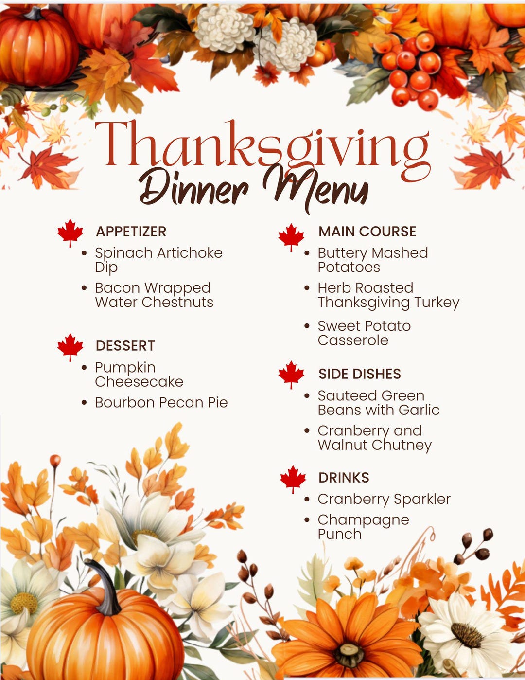 Thanksgiving Dinner Menu Template, Autumn Floral Design (digital ...