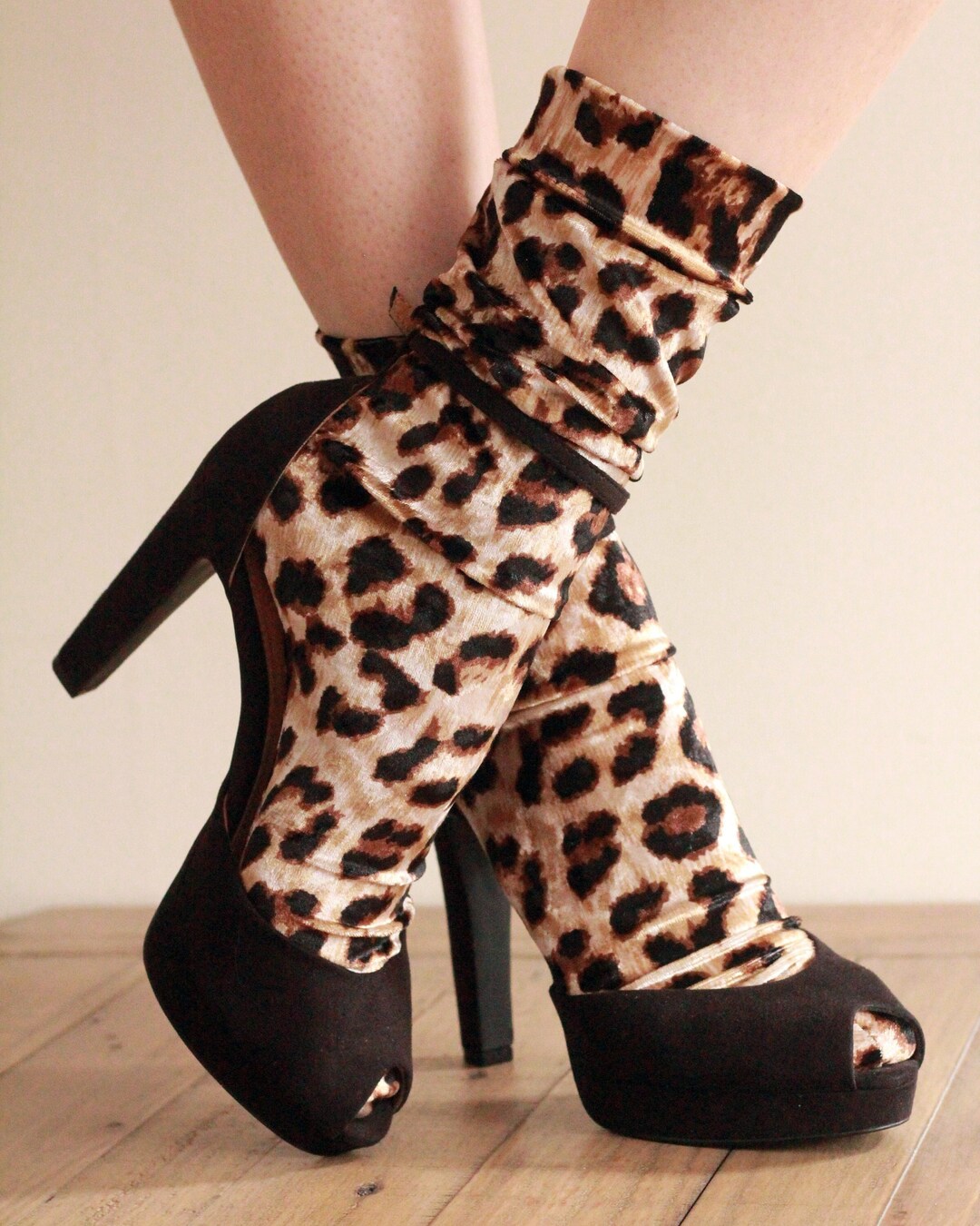 LEOPARD Print Velvet Ankle Socks, Rockabilly Animal Print Velvet Socks ...