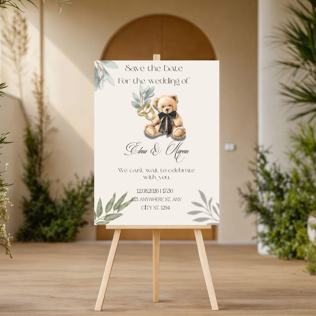 Botanical Bear Wedding Invitation • Green Pastel Template (digital ...