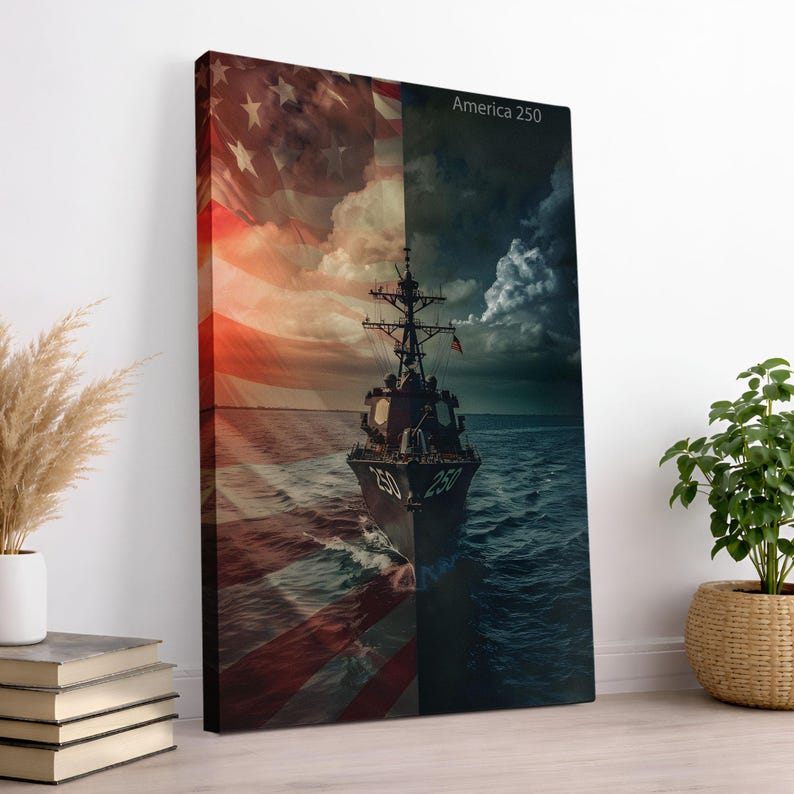 America 250th Navy Ship Poster, Patriotic Split-design Wall Art ...