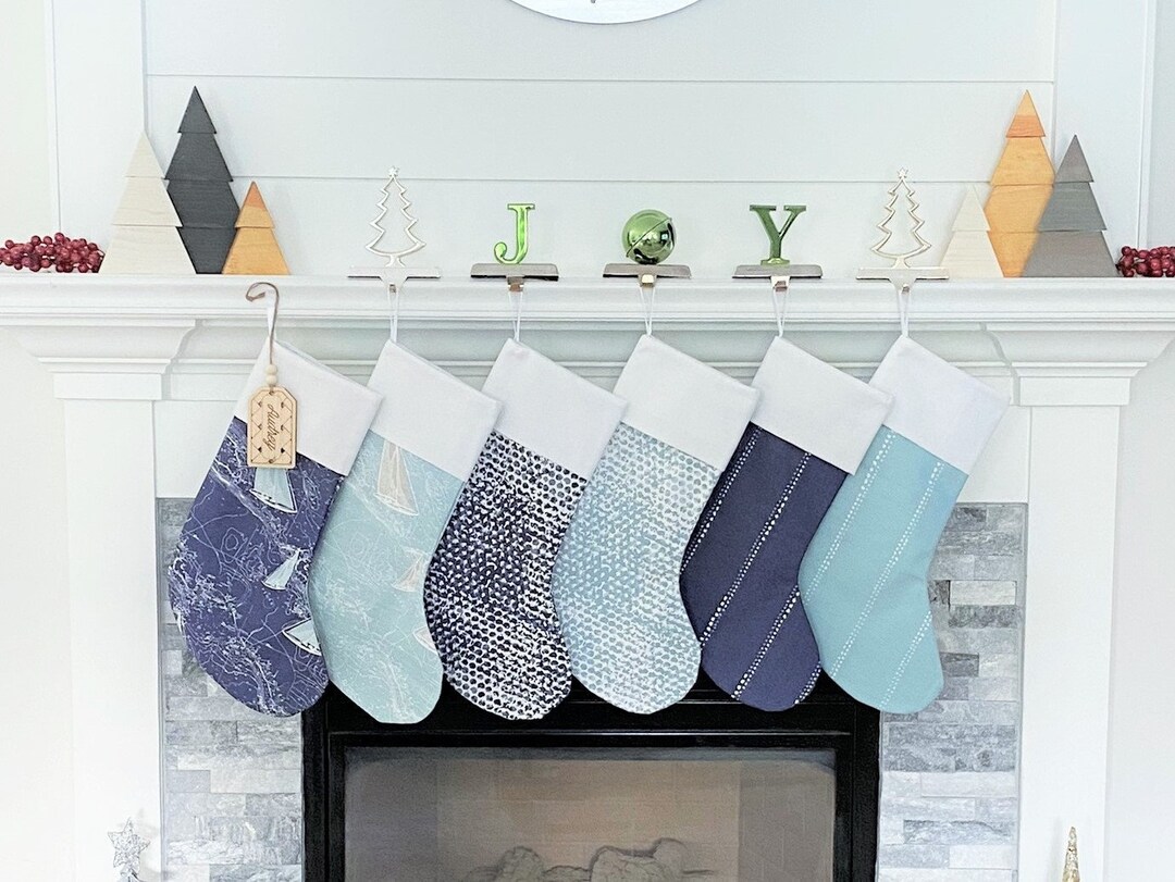 Nautical Christmas Stockings- Beach House Holiday Decor- Sailboat Navy ...