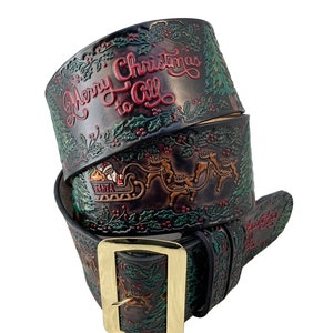 Painted Merry Christmas Scenic Tooled Leather Santa Claus Belt & Buckle ...