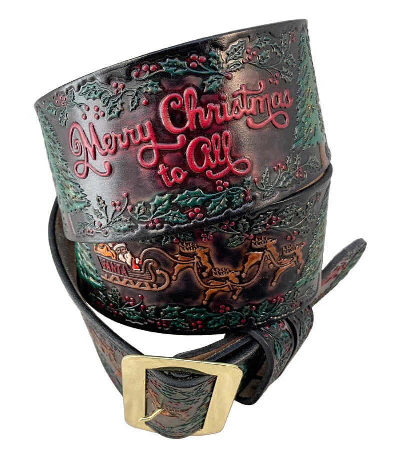 Painted Merry Christmas Scenic Tooled Leather Santa Claus Belt & Buckle ...