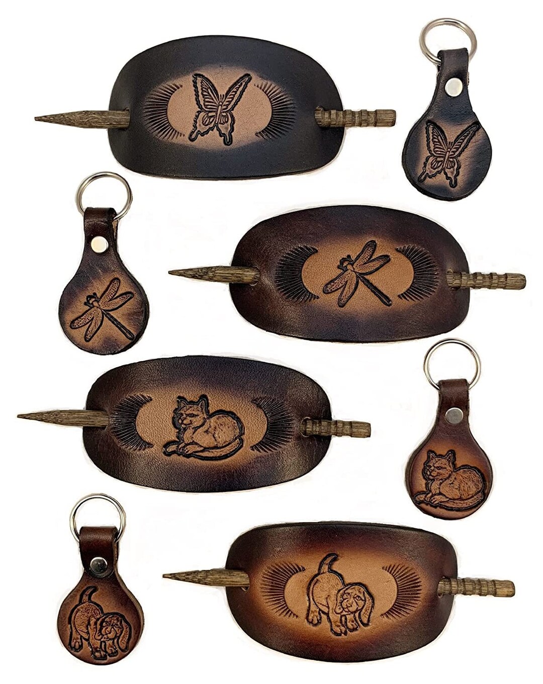 Genuine Leather Hair Barrette W Stick & Matching Keyfob, Ponytail ...