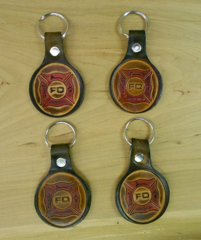 Four pack of Leather Firefighter Keychains 4 Key Fobs | Etsy