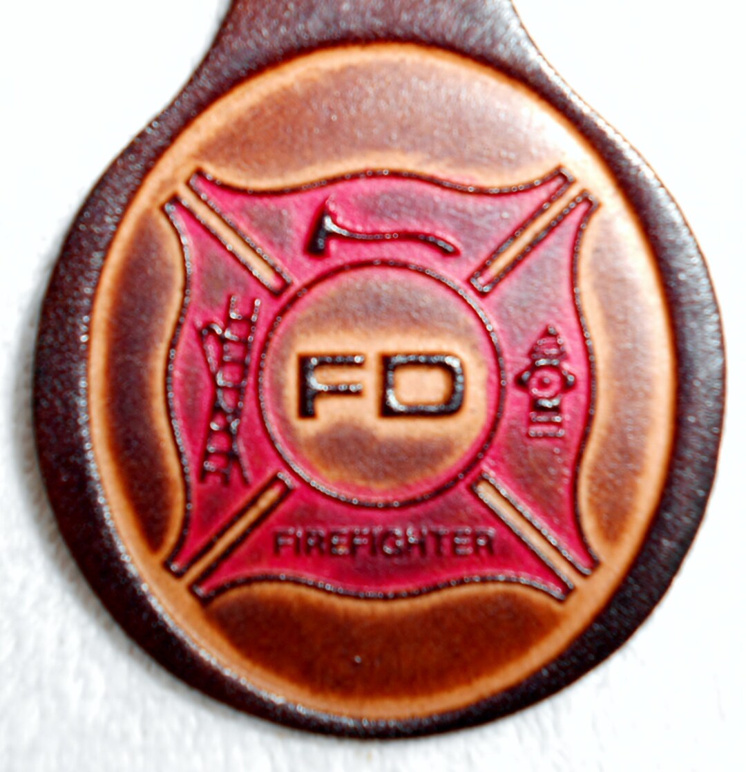 Four Pack of Leather Firefighter Keychains, 4 Key Fobs, Fireman Fire ...