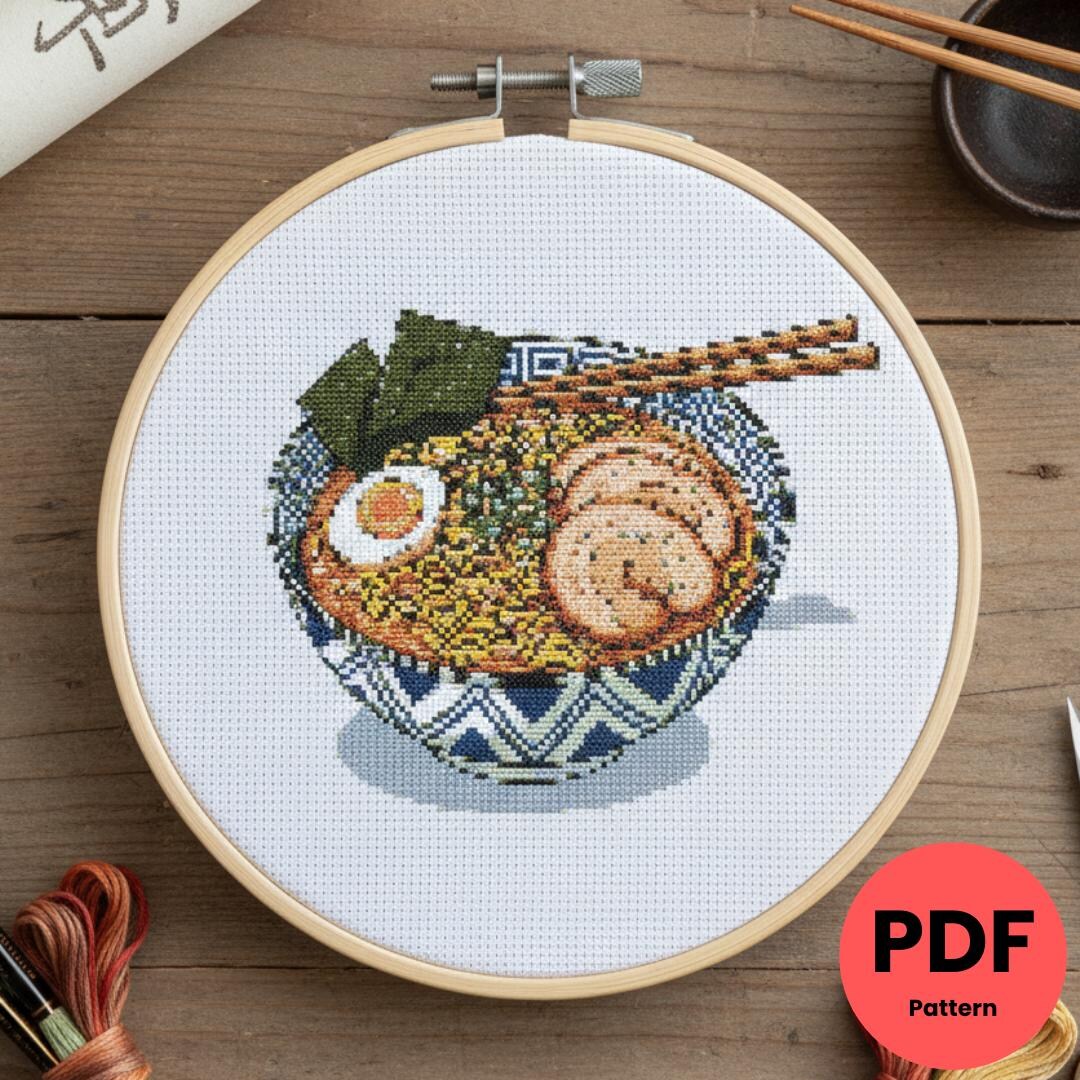 Ramen Bowl Cross Stitch Pattern Japanese Food Needlepoint Chart Instant ...