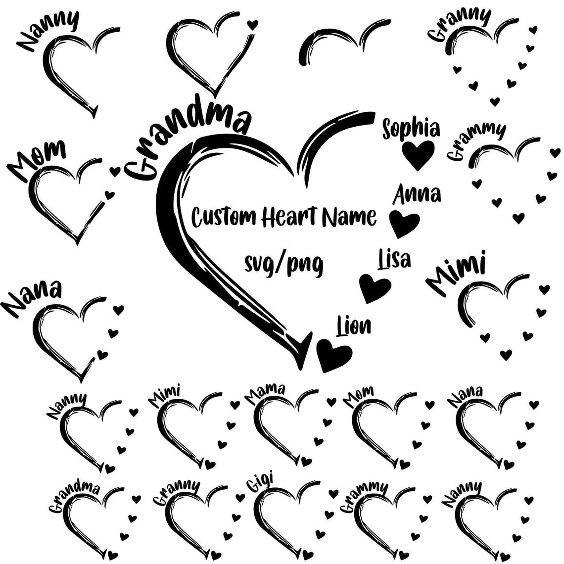 Custom Heart Name SVG PNG Bundle: Mom Nana Grandma Love Design( Digital ...