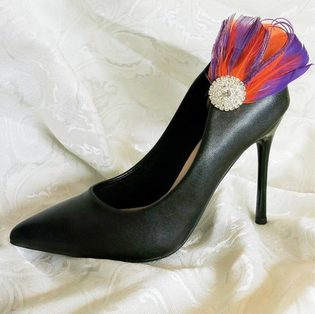 Peacock Feather Shoe Clips Bridal Bridesmaid Purple Orange, Rhinestone ...