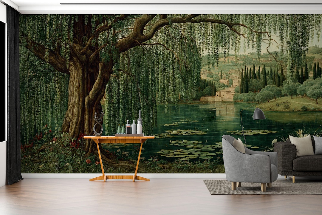 Vintage Willow Tree Lake Wallpaper | Peel and Stick Landscape Mural ...