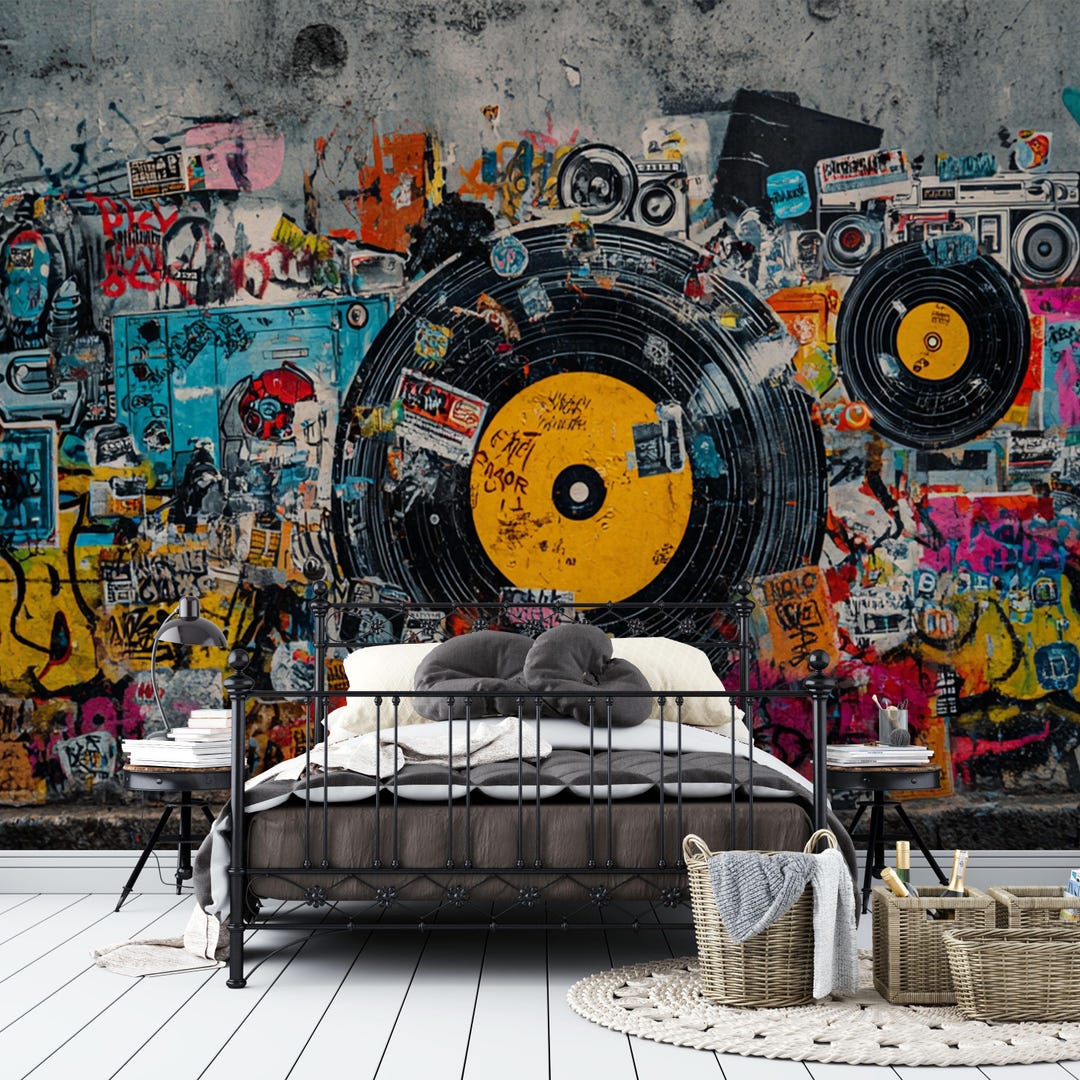 Graffiti Record Player Mural, Peel and Stick Wallpaper, Custom Size - Etsy