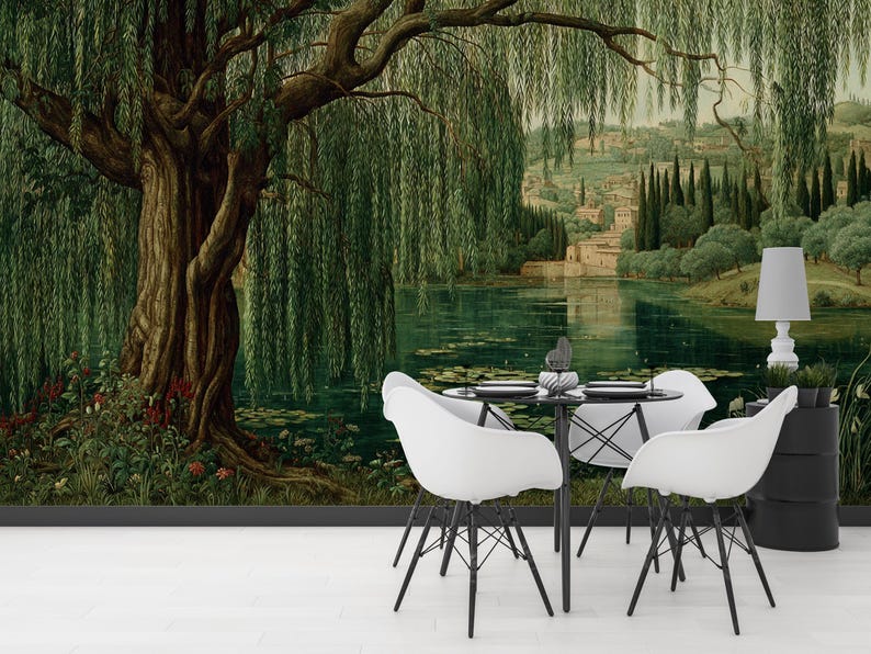 Vintage Willow Tree Lake Wallpaper | Peel and Stick Landscape Mural ...