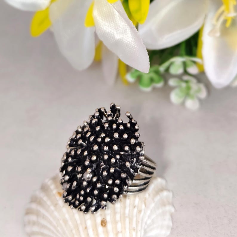 Sterling Silver Sea Urchin Ring, Oxidized Organic Statement Jewelry - Etsy