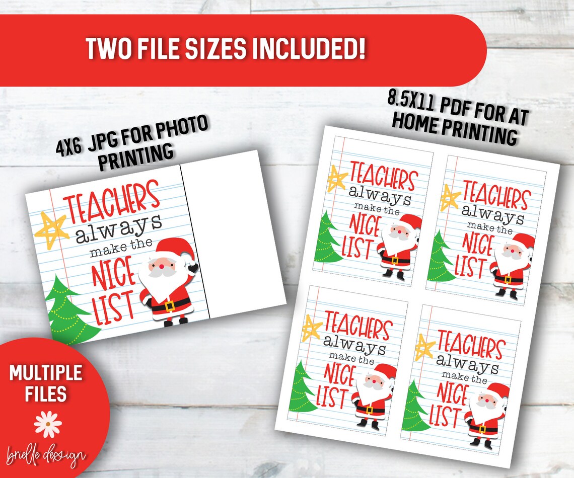Teachers Always Make the Nice List Printable Gift Tag Cute Santa TWO ...