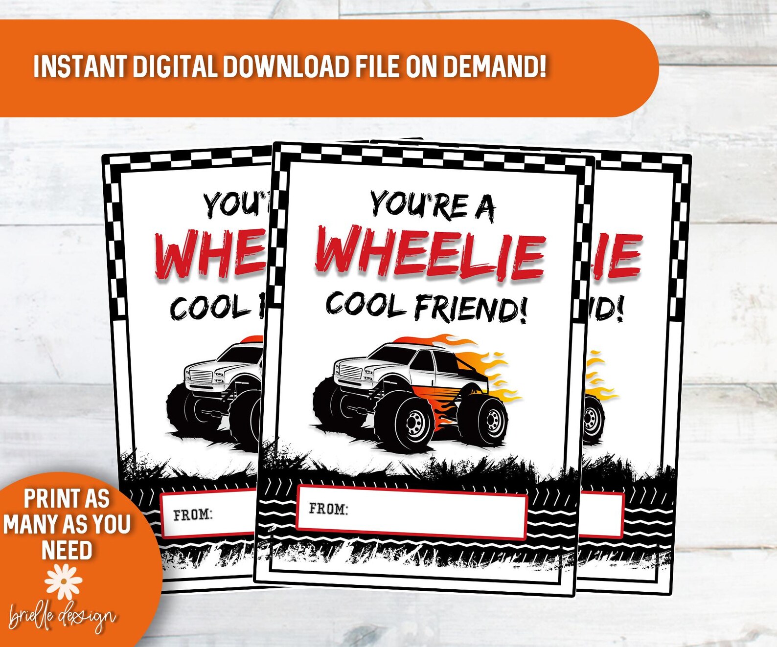 Wheelie Cool Friend, Valentine Printable, Monster Truck Valentine, Cool ...