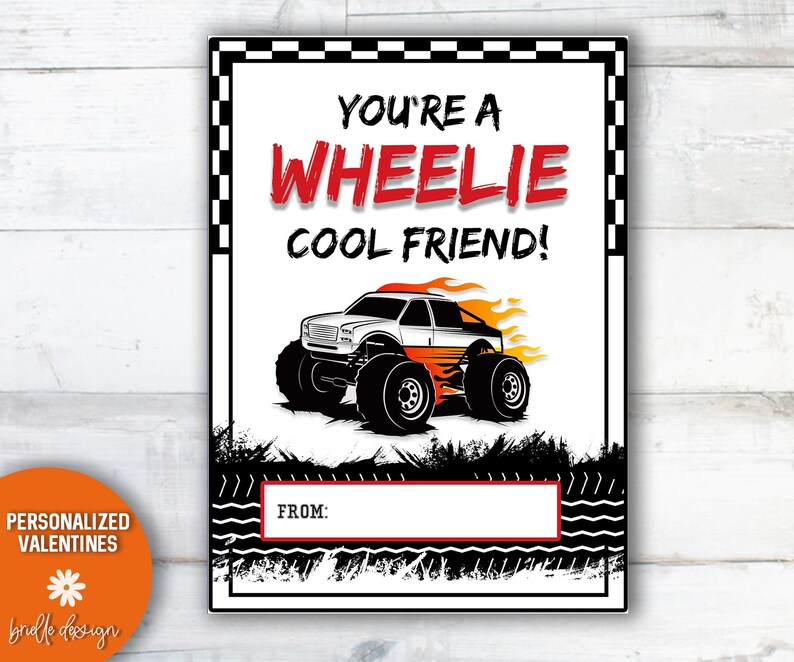 Wheelie Cool Friend, Valentine Printable, Monster Truck Valentine, Cool ...