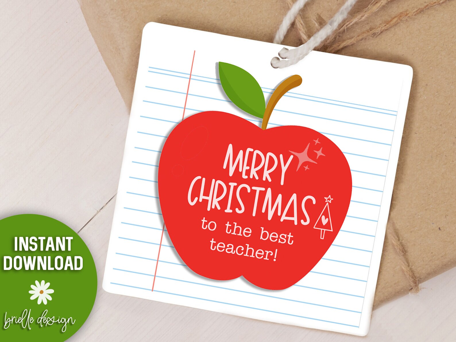 Merry Christmas Teacher Printable Gift Tag Teacher Apple TWO SIZES 4x6 ...