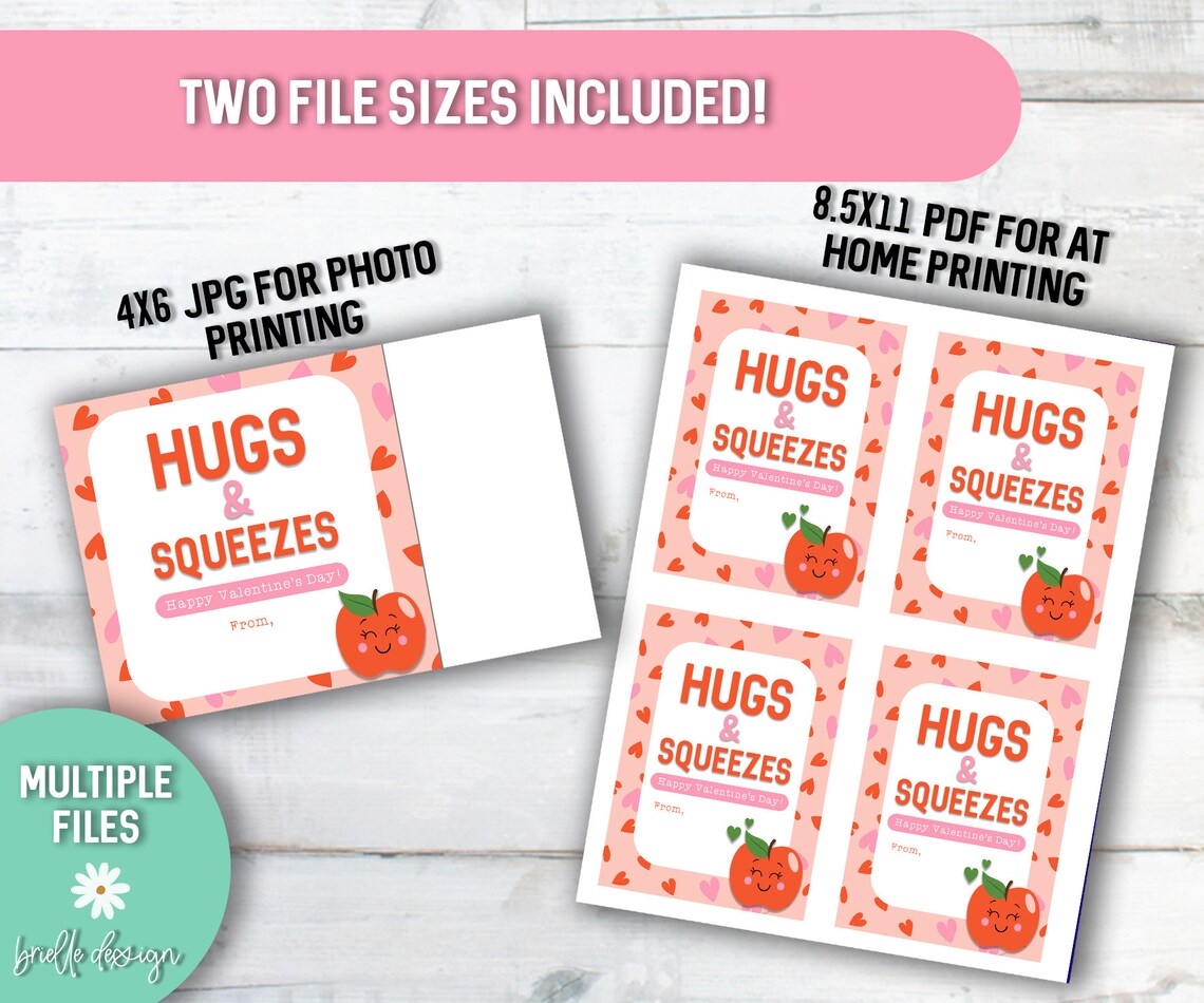 Hugs and Squeezes, Valentine Printable, Valentines Tag, Class Treat ...