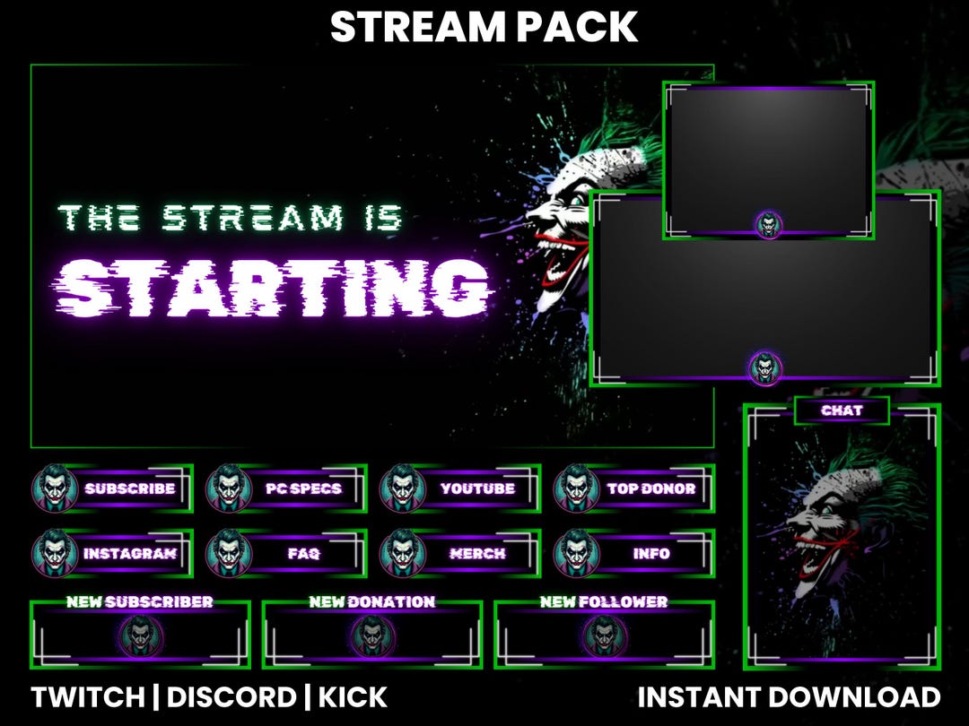 Glitch Joker Stream Pack – Twitch Overlays, OBS Screens, Panels, Alerts ...