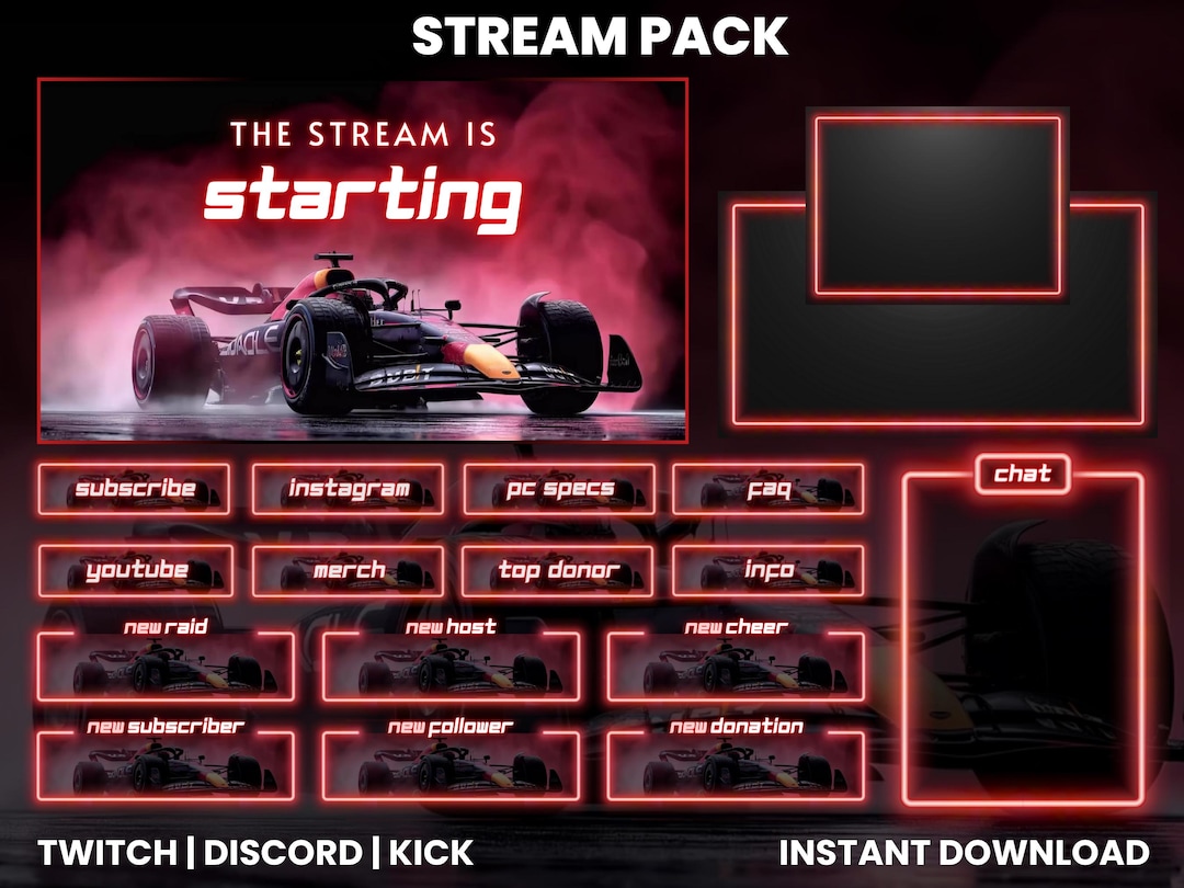 Neon Red Formula 1 Racing Stream Overlay Pack | F1 Motorsport Twitch ...