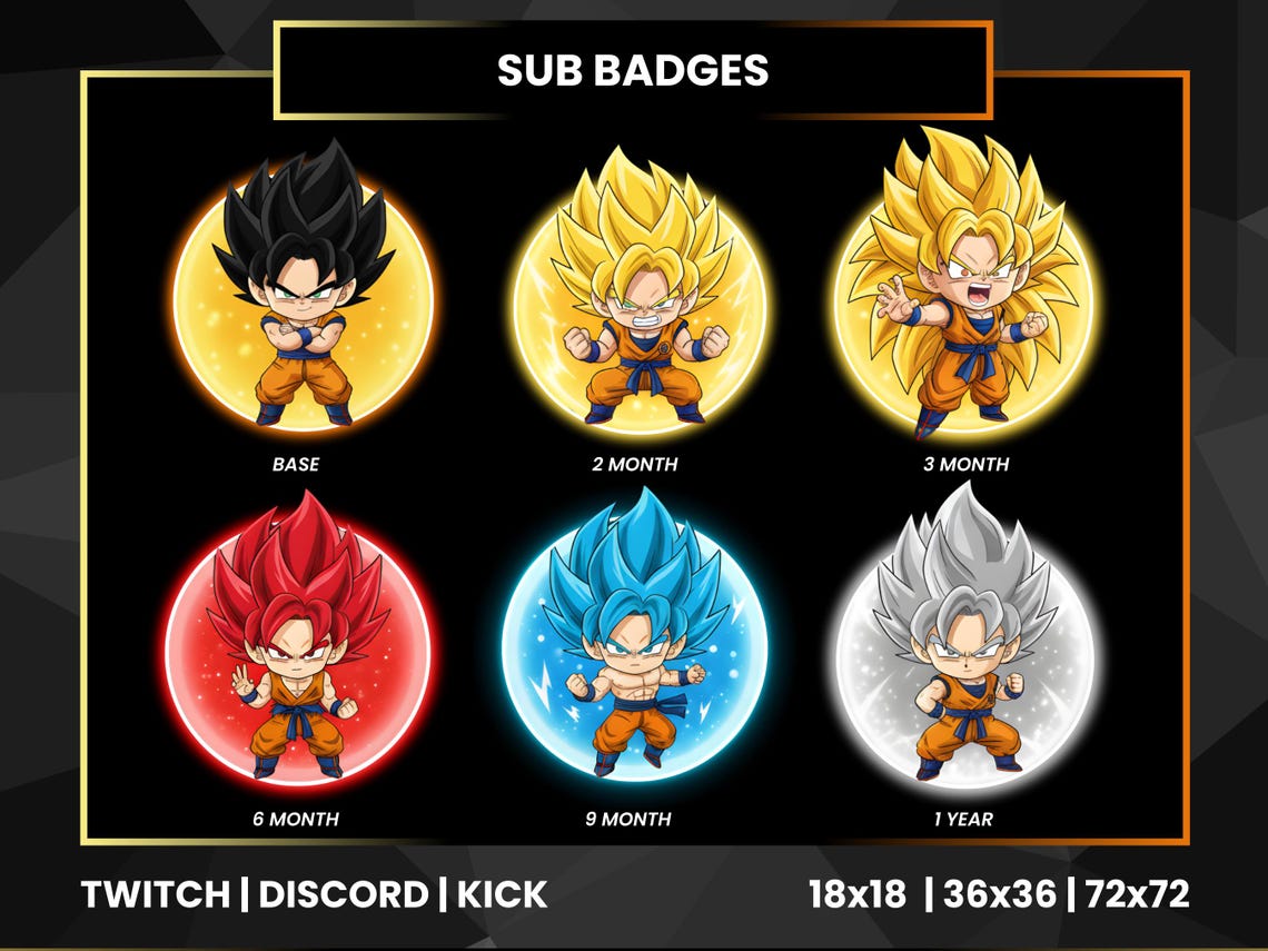 Dragon Ball Goku Saiyan Sub Badges | Anime Chibi Twitch Bit Badges ...