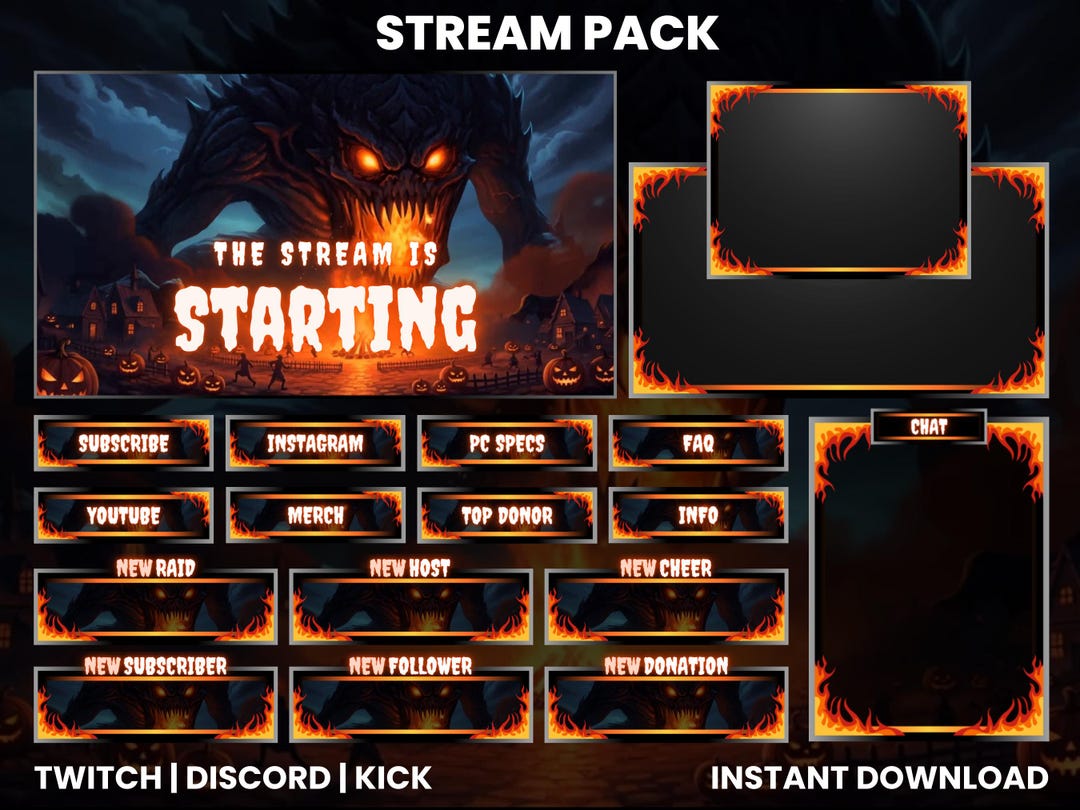 Red Orange Fire Demon Halloween Stream Overlay Pack | Horror Twitch OBS ...