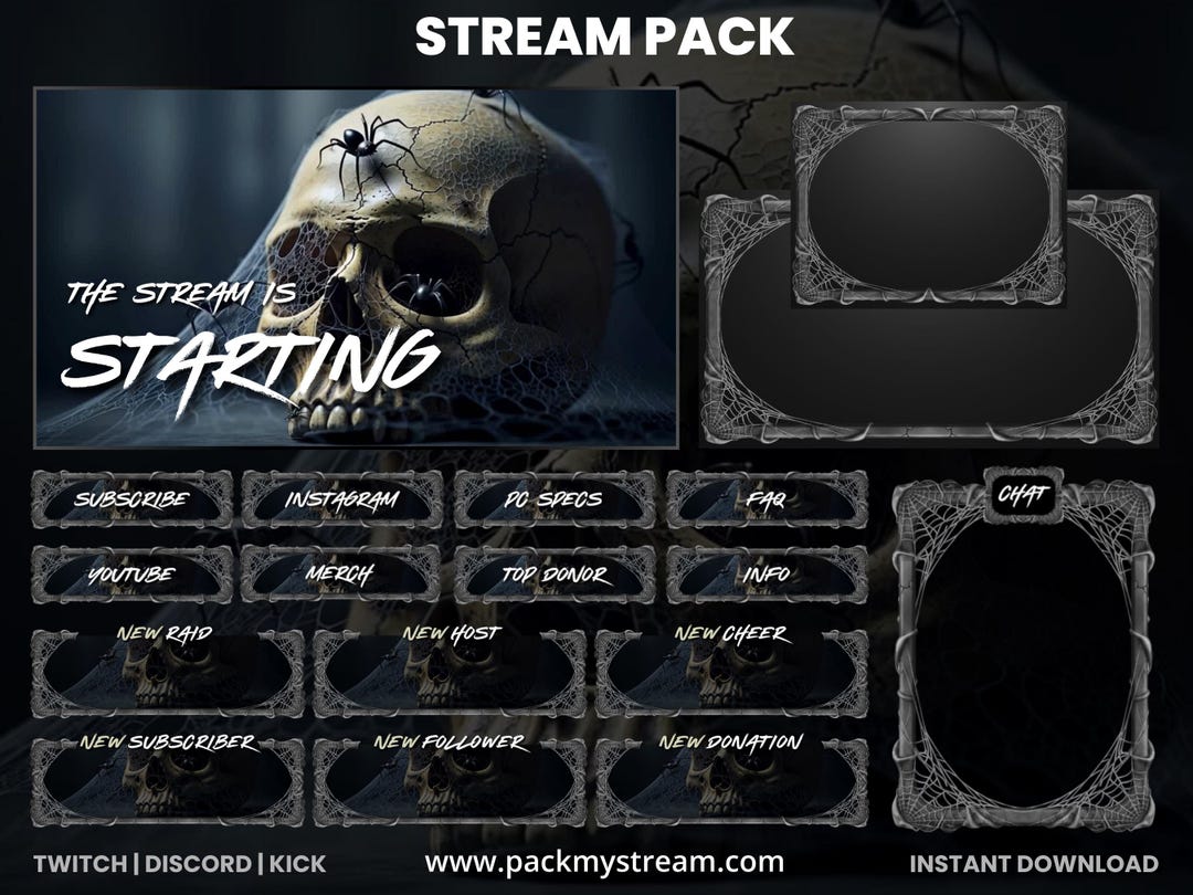 Dark Horror Skull Spider Web Stream Overlay Pack | Gothic Twitch OBS ...