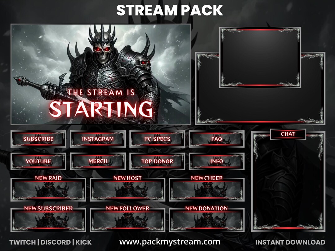 Dark Grey Gothic Skeleton Warrior Stream Overlay Pack | Horror Twitch ...