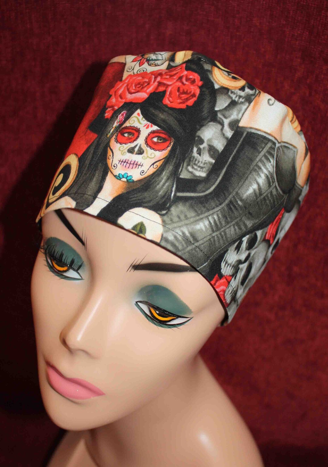 Day of the Dead Pin up Girl Skull Cap Back Has Elastic Cord and ...