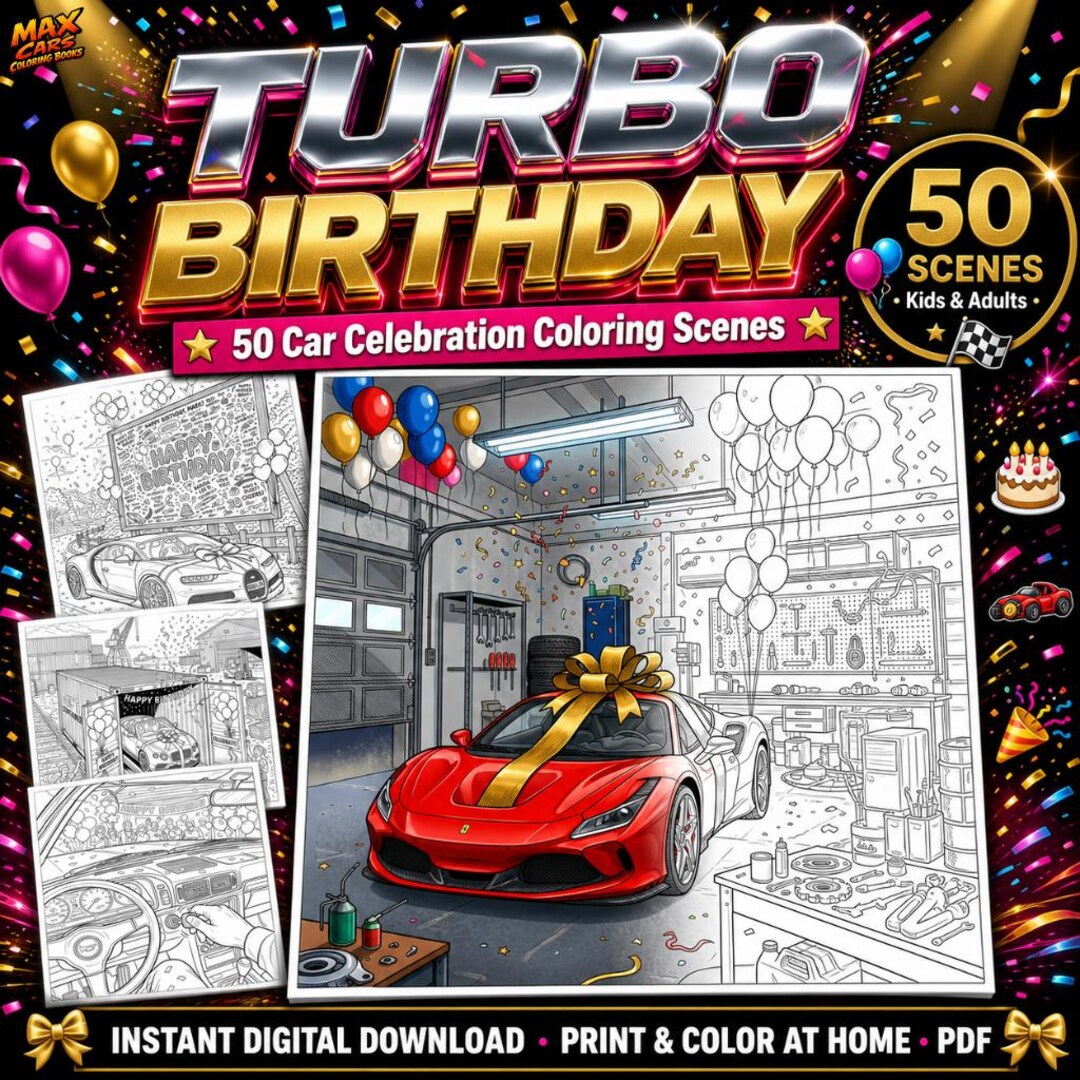 Birthday Coloring Book Gift ,turbo Car, 50 Supercar Celebration Pages ...