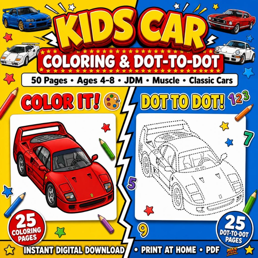 Kids Car Coloring and Dot-to-dot Book, JDM Muscle Classic Cars (PDF ...