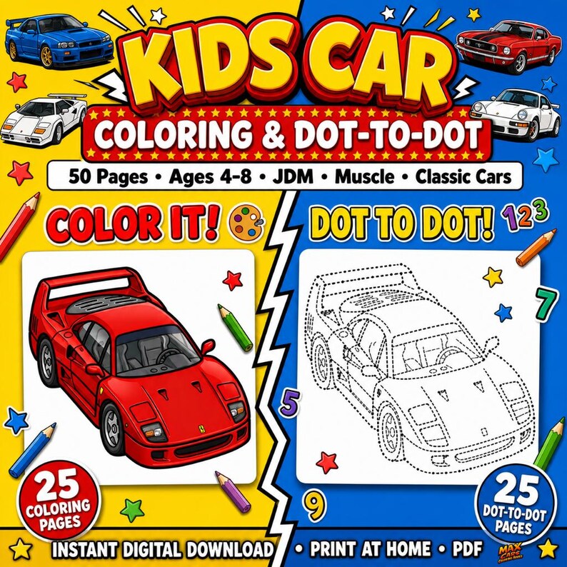 Kids Car Coloring and Dot-to-dot Book, JDM Muscle Classic Cars (PDF ...