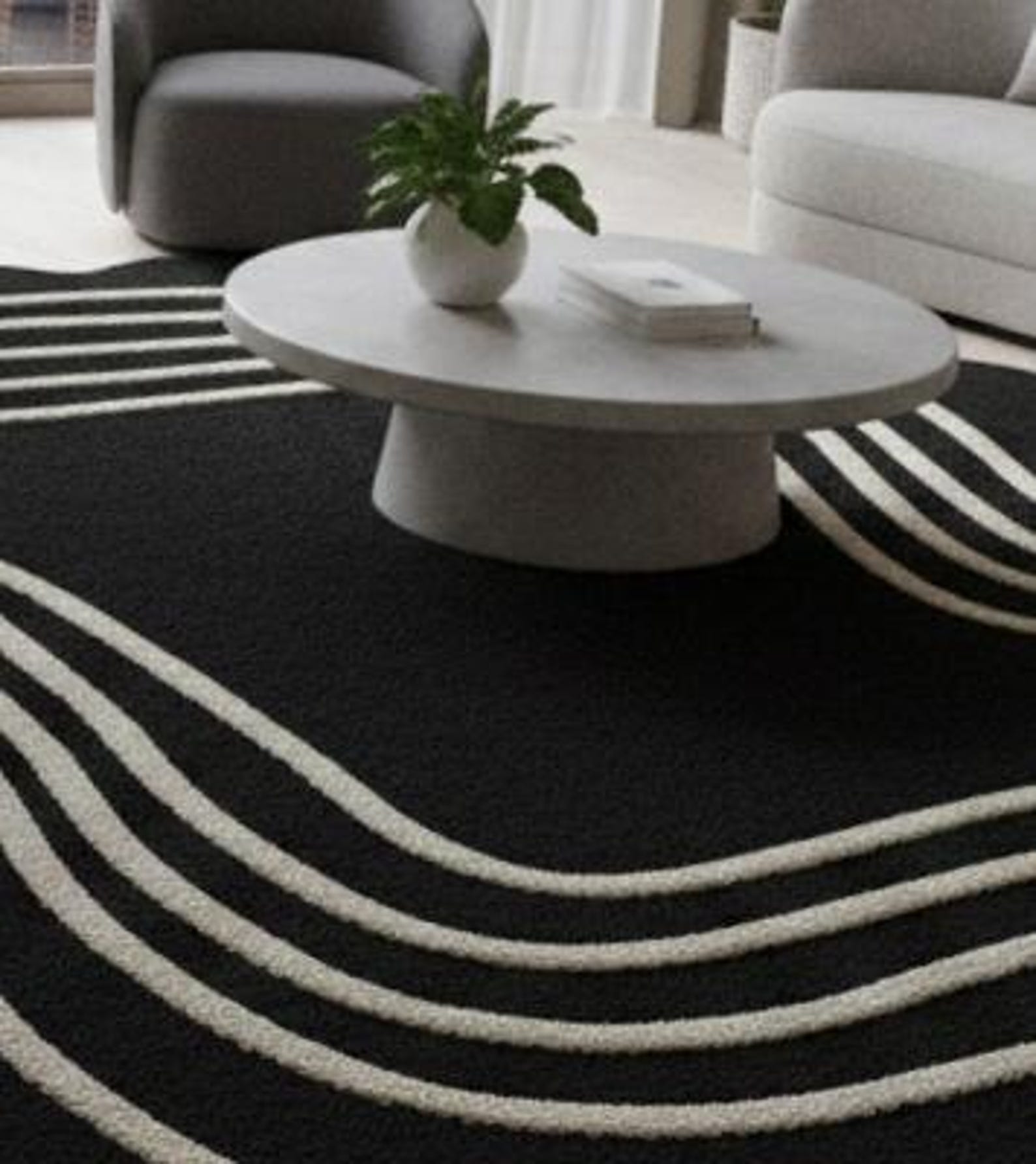 Handmade Abstract Wave Rug, Black & Ivory Modern Wool Area Rug ...