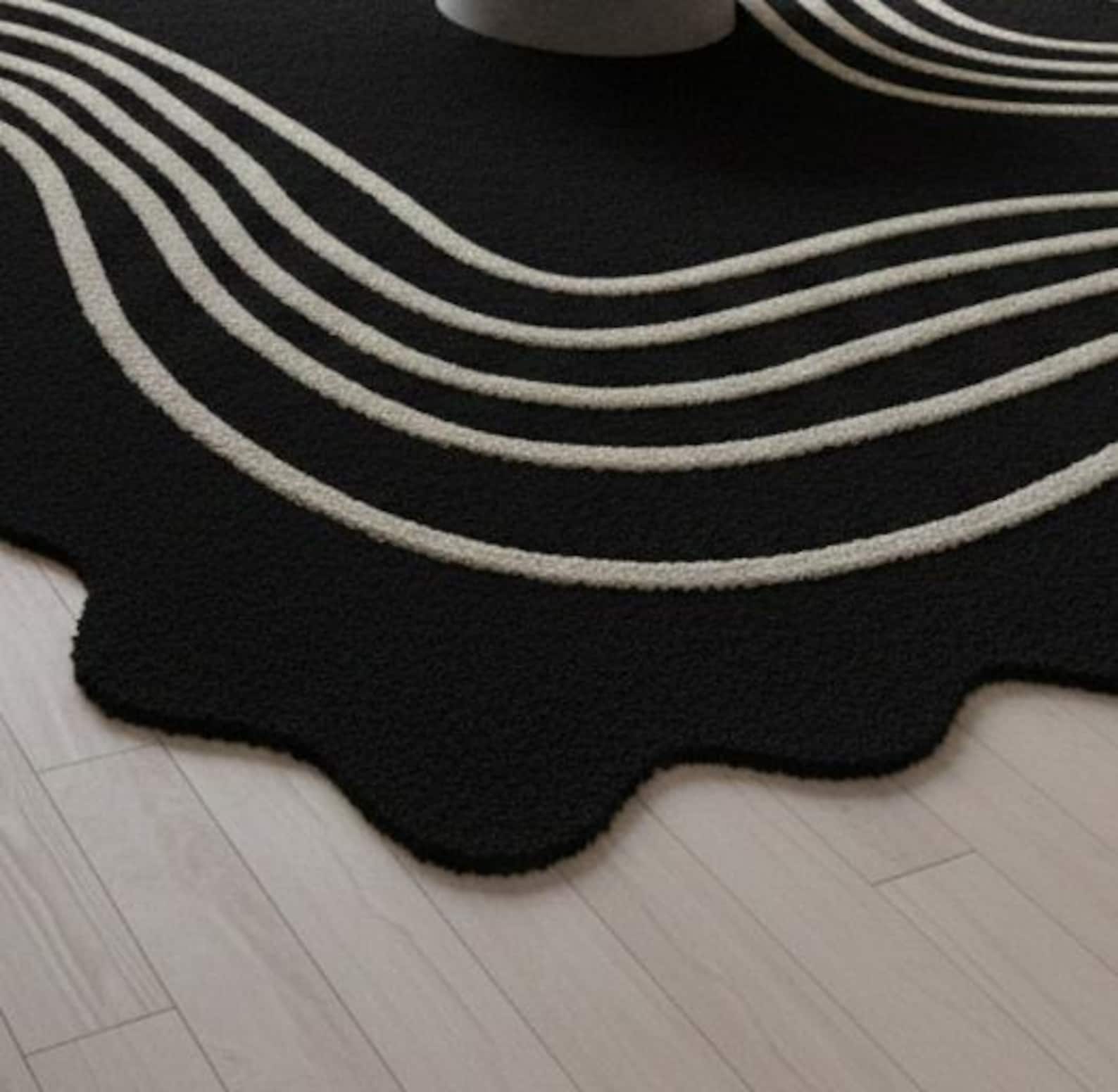Handmade Abstract Wave Rug, Black & Ivory Modern Wool Area Rug ...