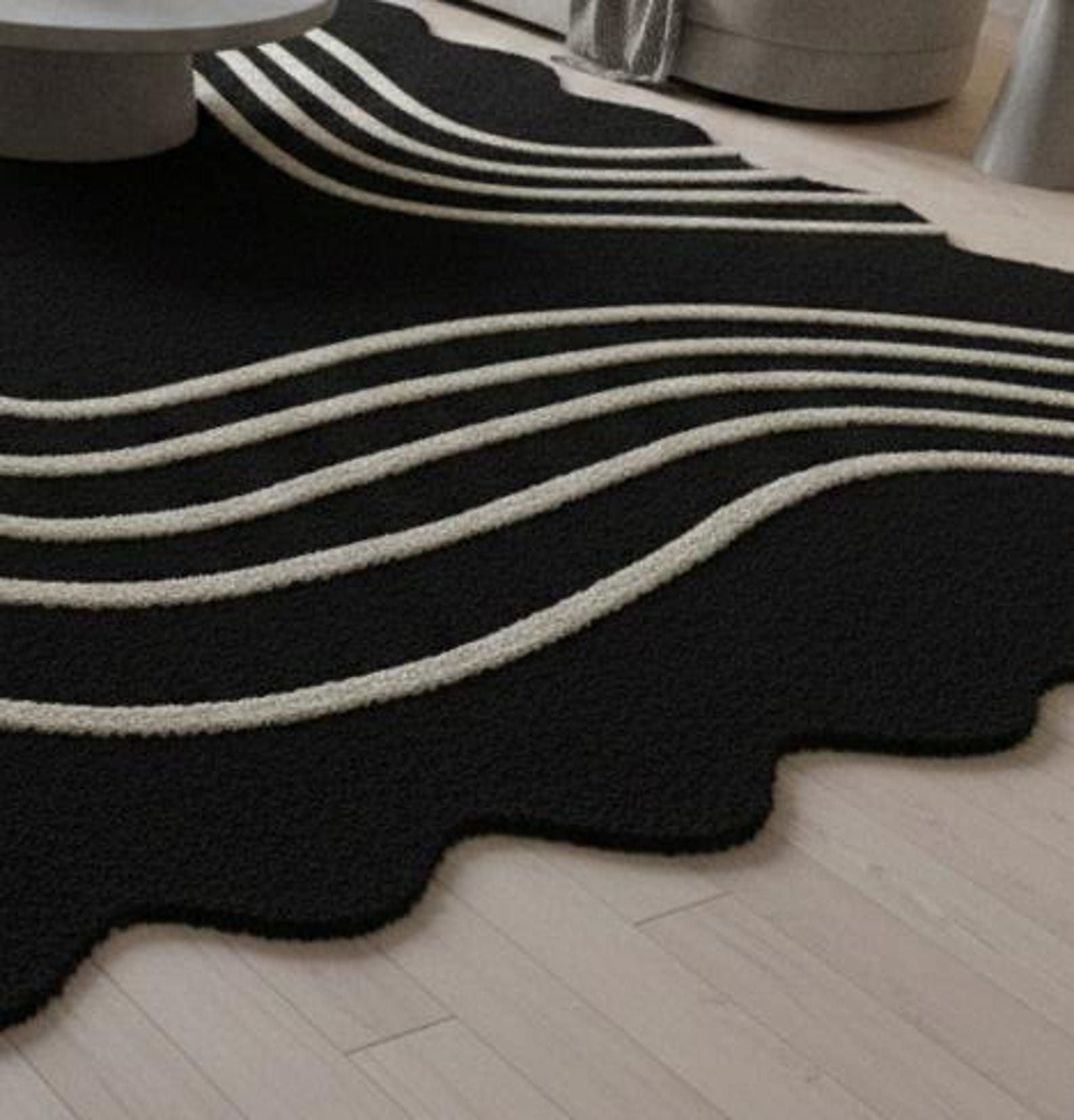 Handmade Abstract Wave Rug, Black & Ivory Modern Wool Area Rug ...