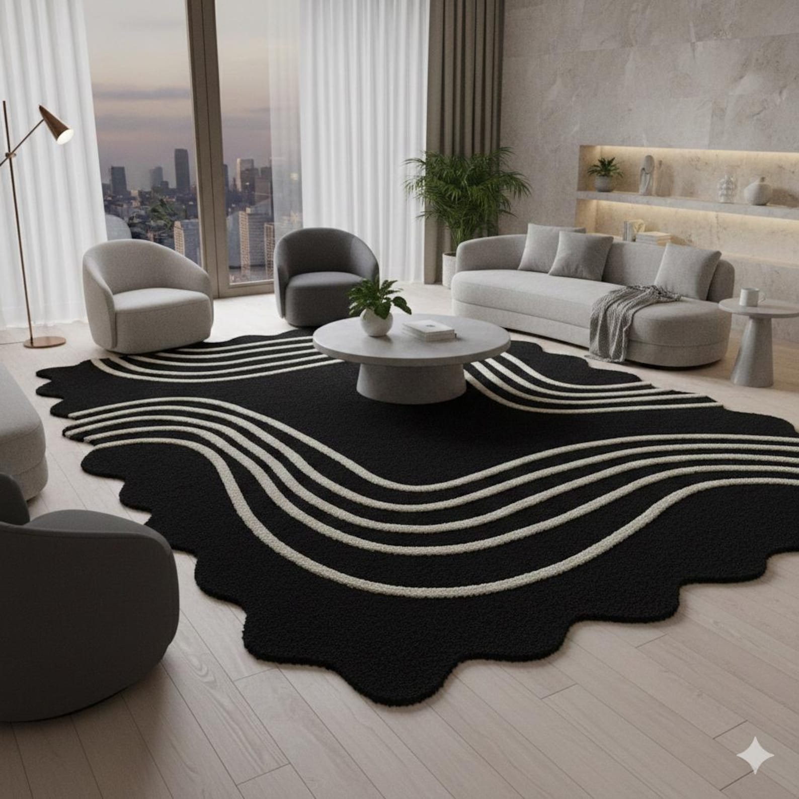 Handmade Abstract Wave Rug, Black & Ivory Modern Wool Area Rug ...