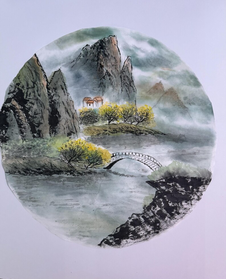 Original Chinese Watercolor Landscape • Round Mountain Art • Asian ...