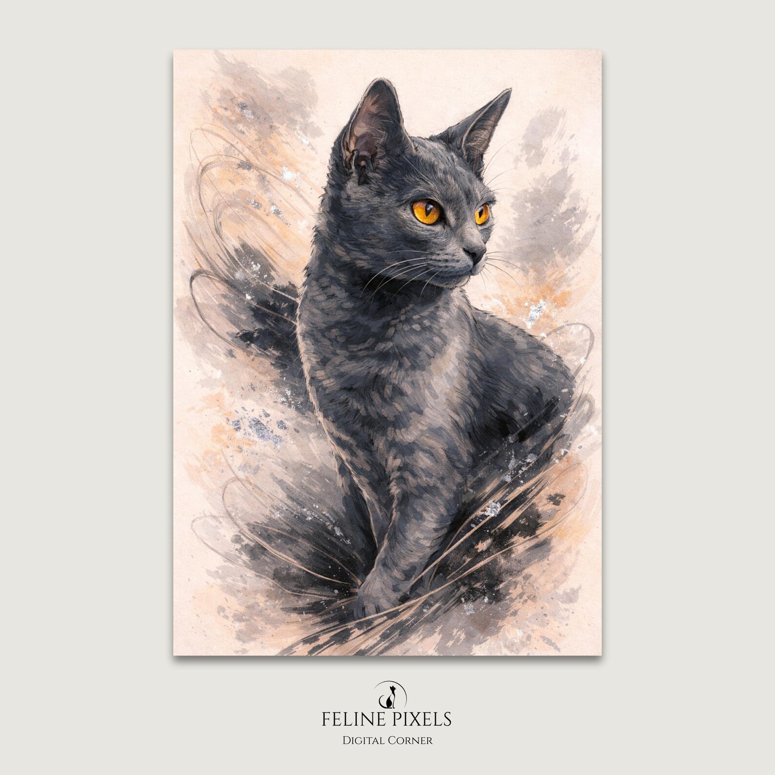 Portrait de chat gris aux yeux ambrés imprimable, A4 - Etsy France