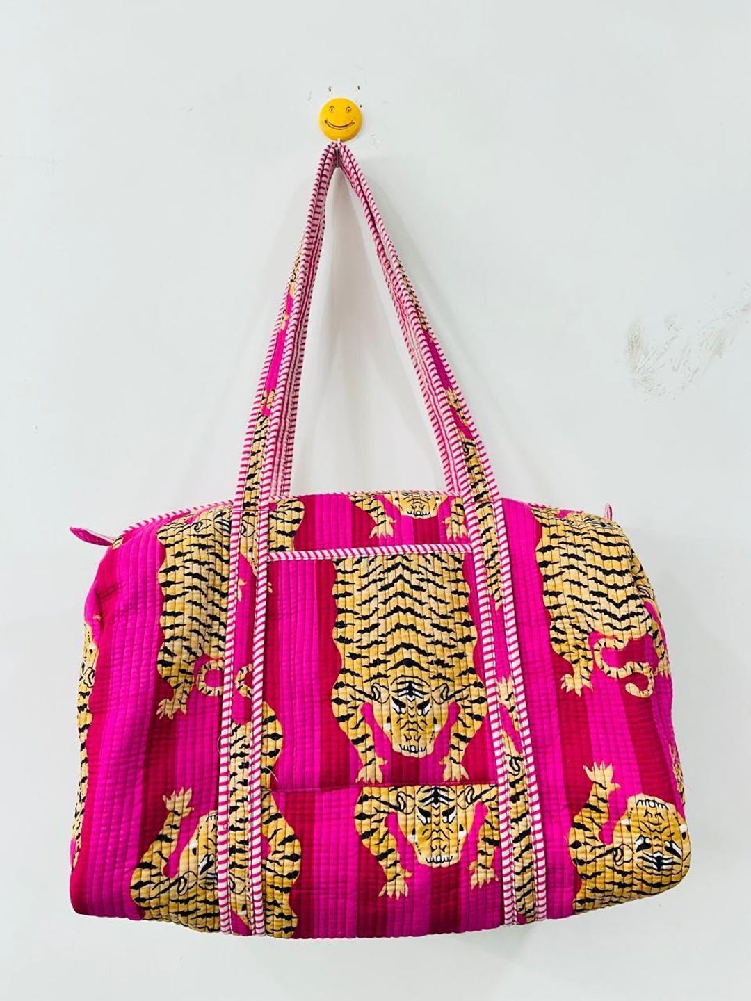 Hot Pink Tiger Print Quilted Duffel Bag, Kantha Stitch Boho Weekender ...