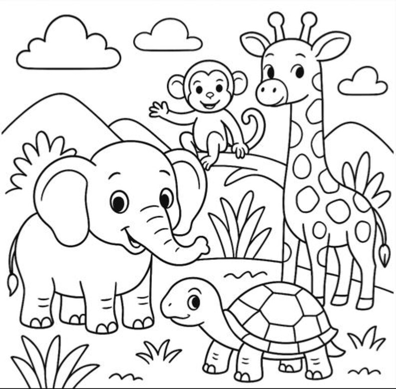 Cute Safari Animals Coloring Page for Kids | Bold Line Jungle Printable ...