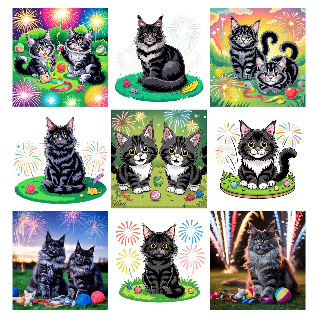 Cute Black Kitten Fireworks Clipart Set – Whimsical Cat Illustration ...