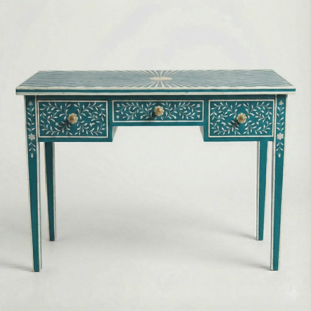 Teal Bone Inlay Desk | Handcrafted Floral Study Table - Etsy