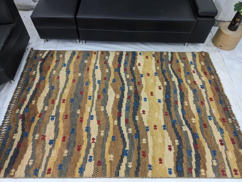 Buy Handwoven Rug in Mustard Yellow, Camel Brown & Denim Blue – Earthy ...