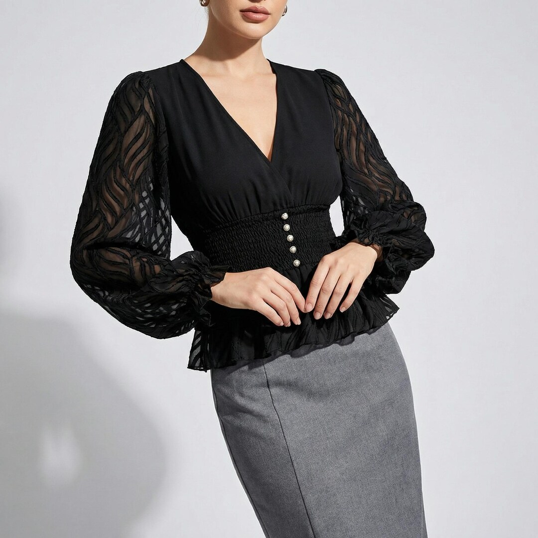 Womens Elegant V Neck Sheer Textured Blouse | Puff Sleeves Slim Fit ...
