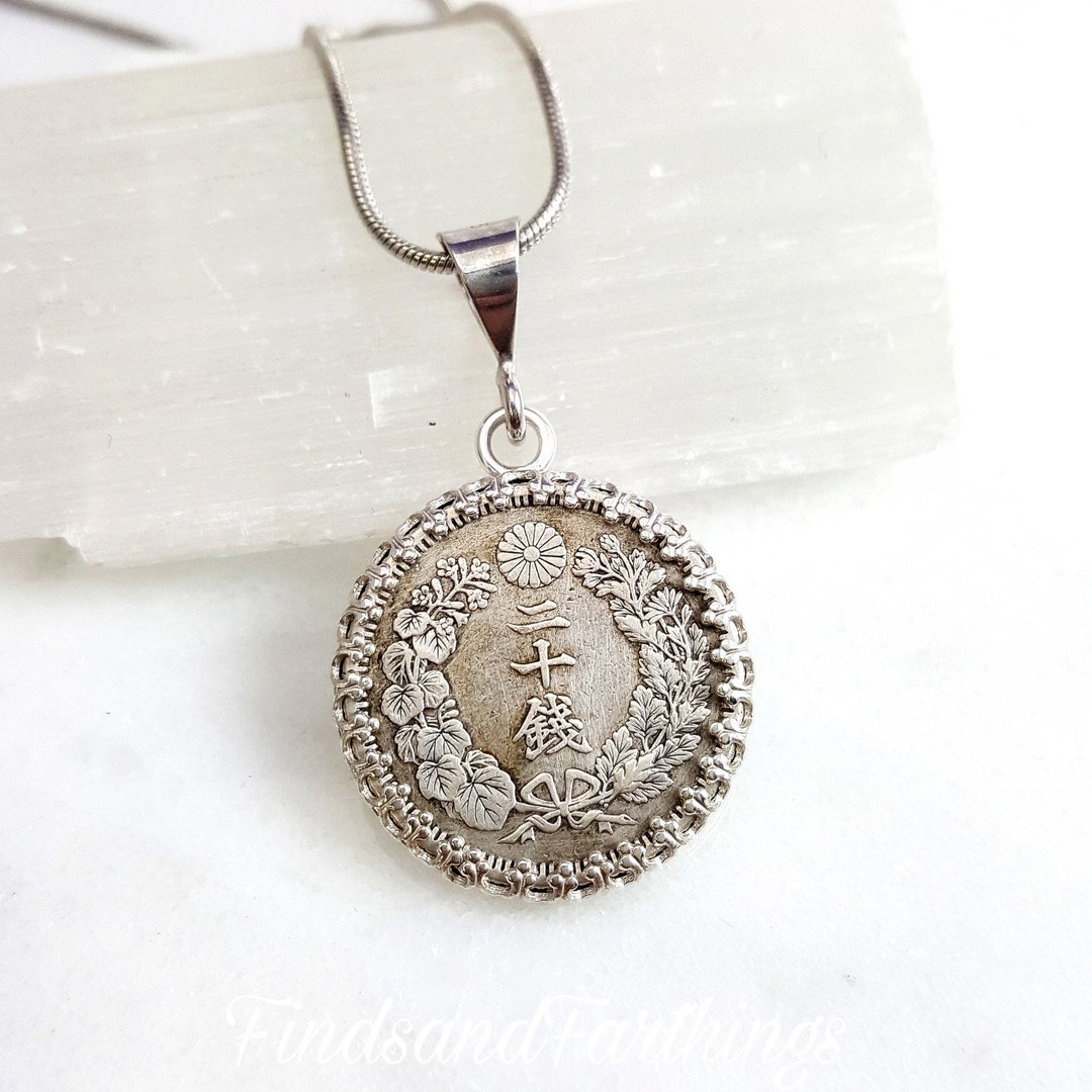 Antique Japanese Silver Coin Necklace: Meiji Sunburst, Sterling Bezel ...