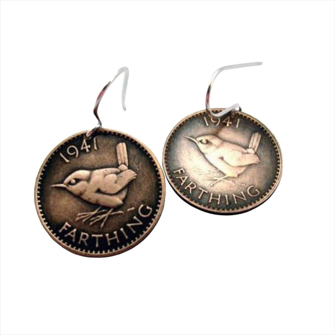 Wren Bird Coin Earrings: Vintage England Farthing, Sterling Silver - Etsy