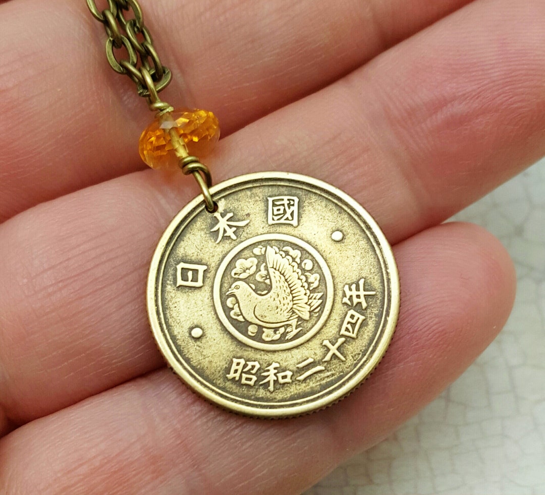 Japan Coin Necklace Antique Japanese 5 Yen Showa Period Chicken Bird ...